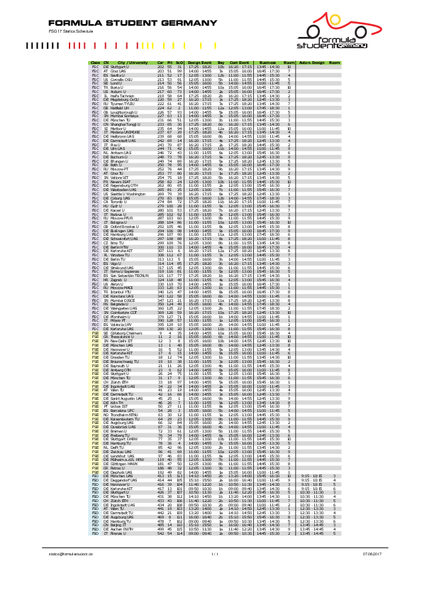 FSG: FSD17 Modified Statics Schedule for Saturday